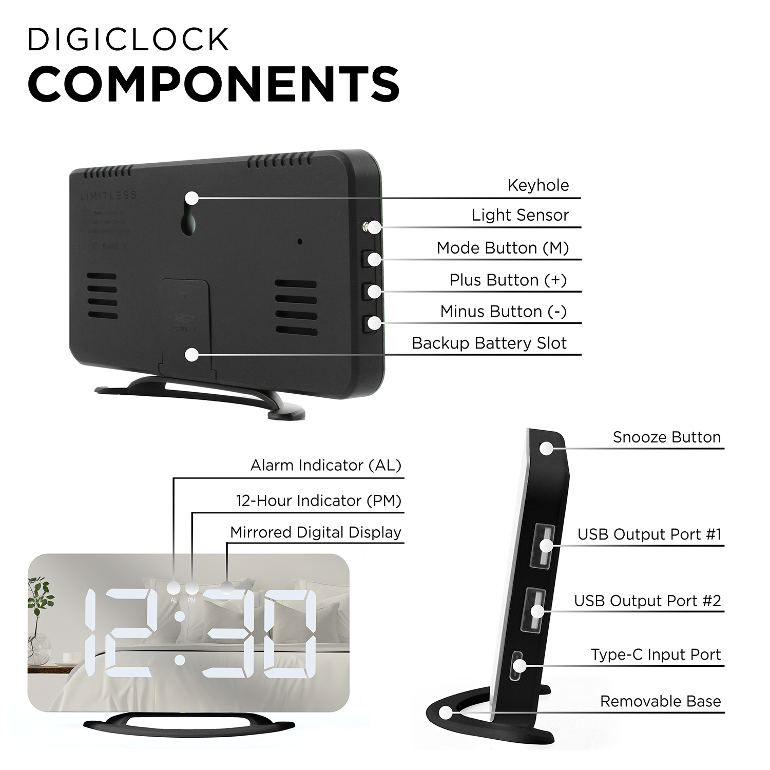 DigiClock with Mirrored Finish and Dual USB Charger– Limitless Innovations