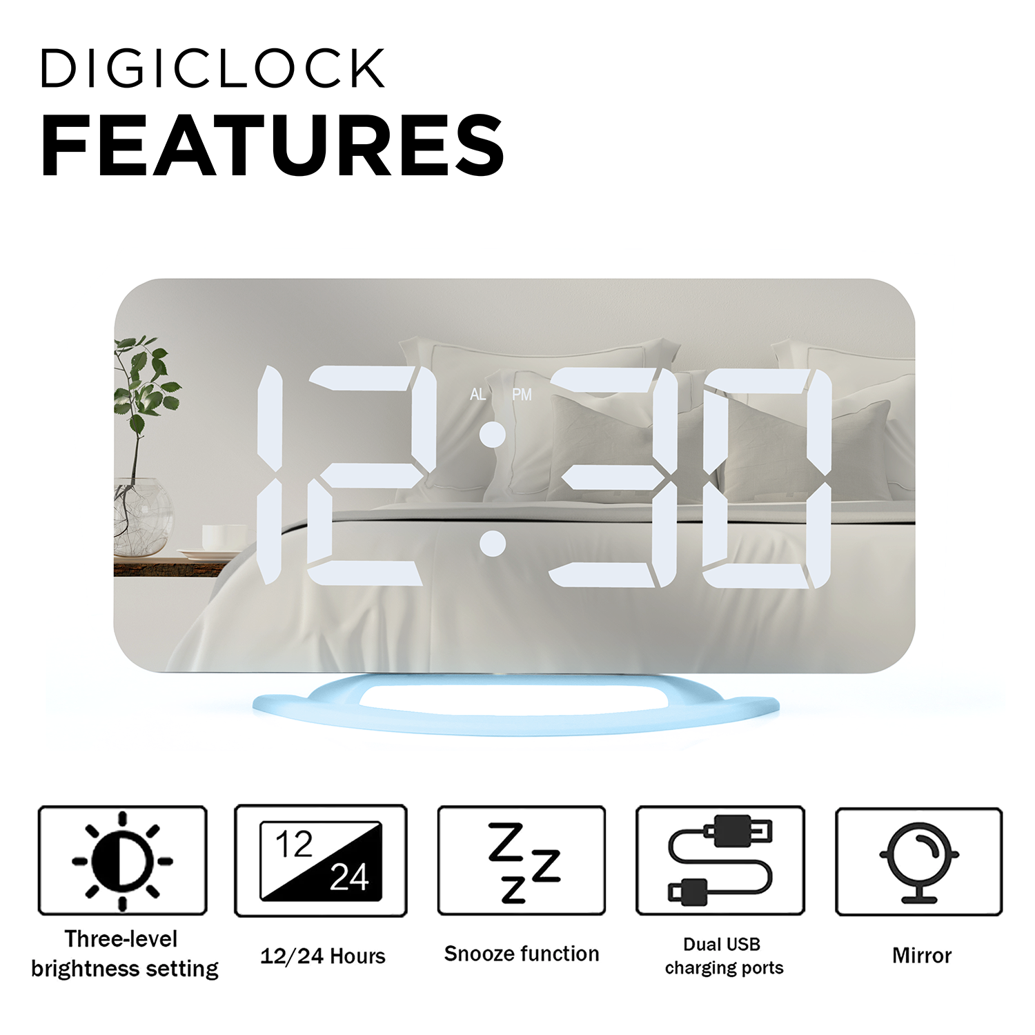 DigiClock with Mirrored Finish and Dual USB Charger– Limitless Innovations