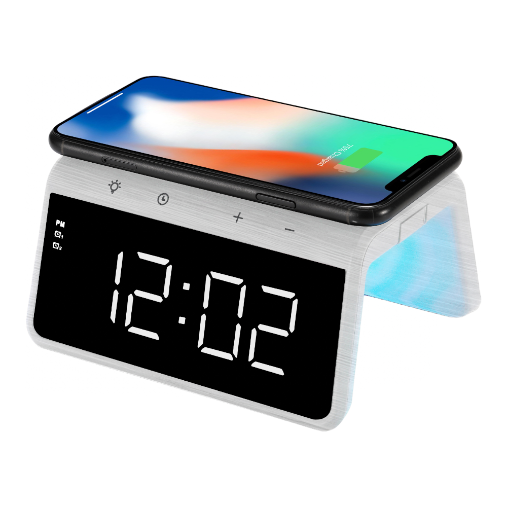 PowerTrio Dual-Mode Digital Alarm Clock with Wireless Charger and 9-Mo ...